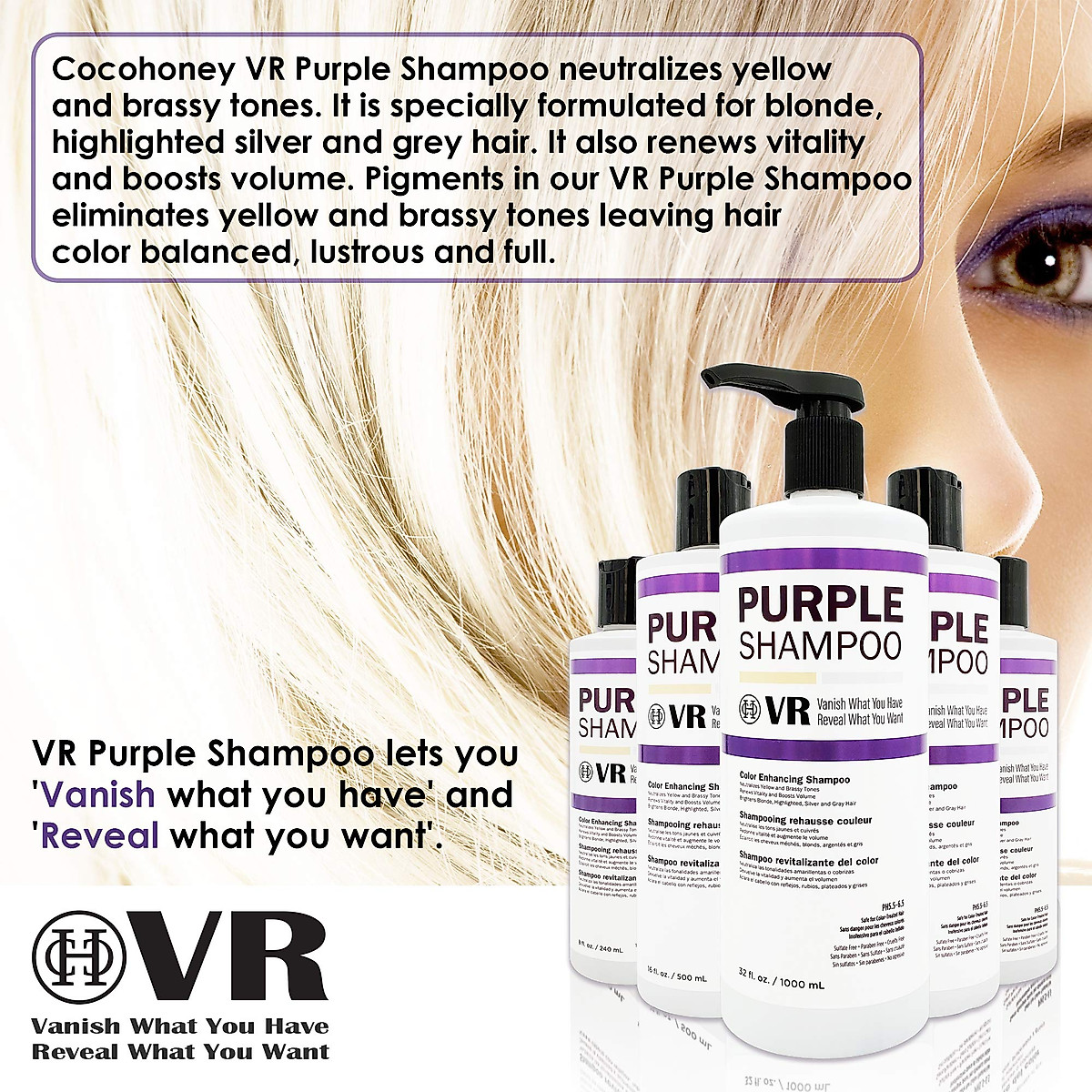 COCO-HONEY Purple Shampoo for Blonde Lightening Color Treated Hair Silver and Gray Highlighted Hair/Paraben Free/Cruelty Free/Sulfate Free/Safe for Color-Treated Hair 8 oz