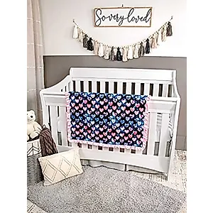 Top Tots Baby Blanket - Small Colored Hearts with Pink Minky Dot & Satin Ruffle, 31 x 31 Inch Blue