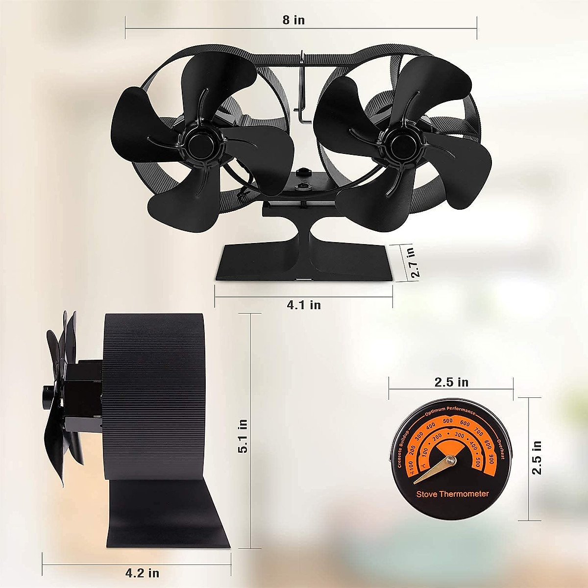 PYBBO 8 Blade Wood Stove Fan with Thermometer, Wood Stove Fan Heat Powered For Wood/Log Burner/Fireplace, Fireplace Fan Dual Motors Non-Electric, Wood Stove Accessories