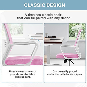 AFO Ergonomic Office Chair Adjustable with Comfortable Lumbar Support, Armrest and Padded Seat, 360 Degree Swivel, Mid Back Breathable Mesh, Rocking Mode, for Conference Room, Executive, Study, Pink