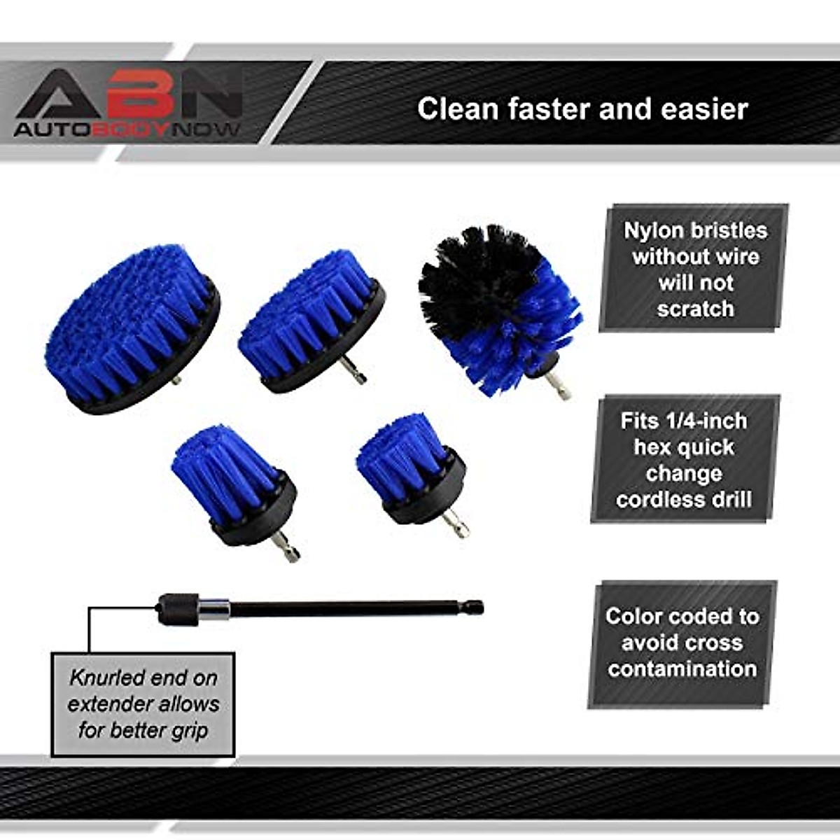 ABN 1/4in Drive Nylon Scrubber Drill Attachment Cleaning Brush 5pc Set with 1pc Extension - Blue Medium Bristle