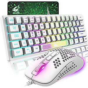 60% Gaming Keyboard and Mouse,Rainbow LED Backlit Gaming Keyboard with Wired Mini Portable Ergonomic 2400 DPI Ultralight Gaming Honeycomb Shell Mouse,Mouse Pad for Windows PC Gamers(White)