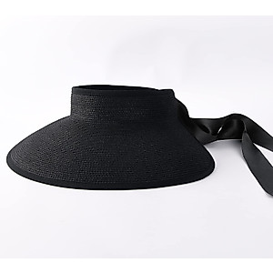 Camptrace Sun Visors for Women Wide Brim Beach Hat UPF 50+ Foldable Straw Visor Hat Ponytail Summer Packable Black