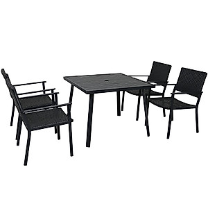 Quarte Patio 5-Piece Dining Table Furniture Set,Outdoor PE Wicker Conversation Set with Umbrella Hole and 4 Dining Chairs,for Porch Lawn Garden Backyard Poolside