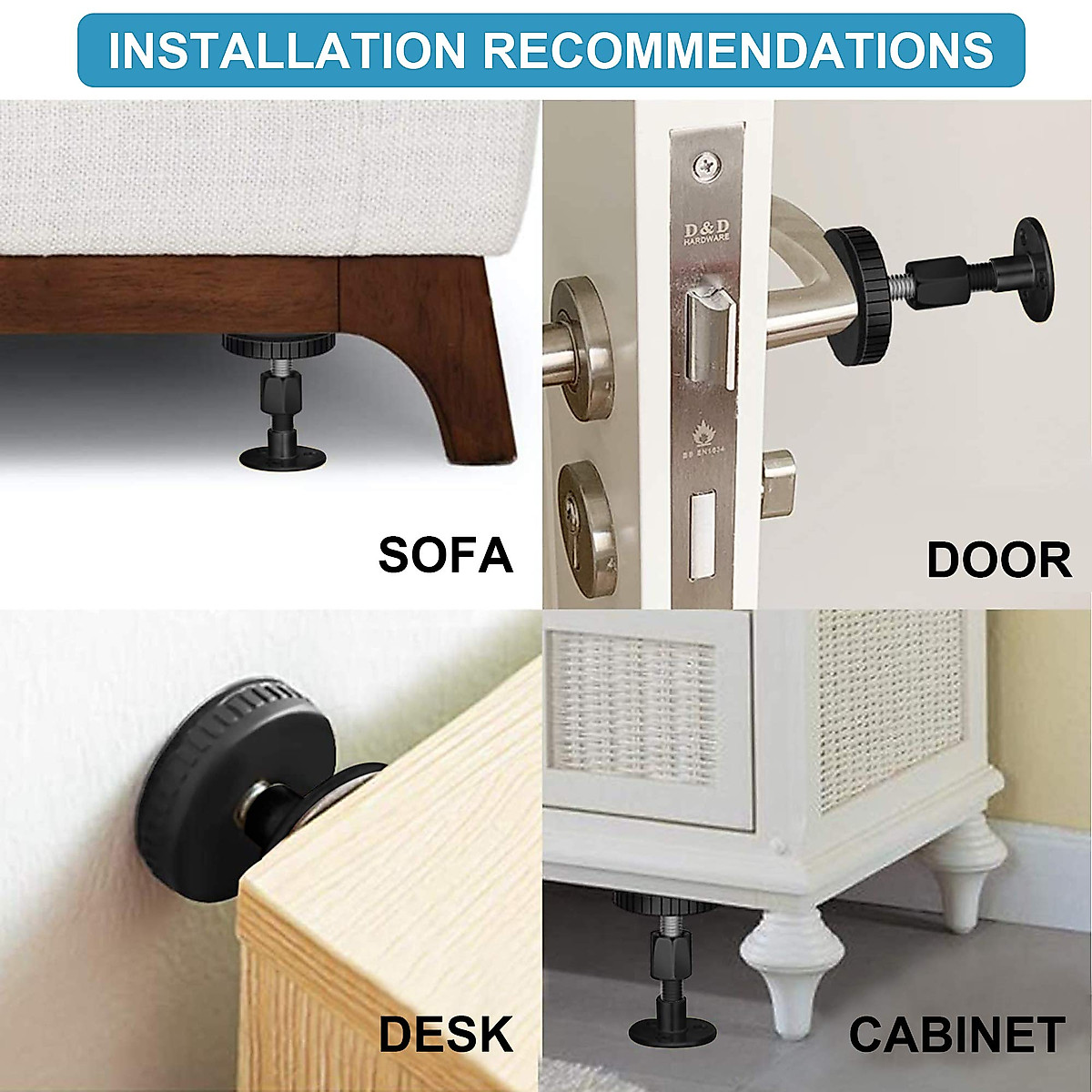 Neatbuddy 4PCS Black Adjustable Bed Frame Anti-Shake Tool, Headboard Stoppers with Free Furniture Pads and Screws, No More Creaking, Protect The Wall from Banging, Easy to Install (1.18"-3.54")