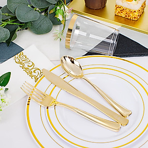 WDF 120 pieces Gold Disposable Plastic Plates - White and Gold Plates Include 10.25" Dinner Plates & 7.5" Salad Plates for Weddings and Party