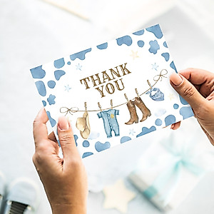 Whaline 24 Pack Cowboy Thank You Card Blue Cow Print Greeting Card with Envelope Sticker Cow Spot Blank Note Card for Baby Shower Party Invitation Supplies, 4 x 6 Inch