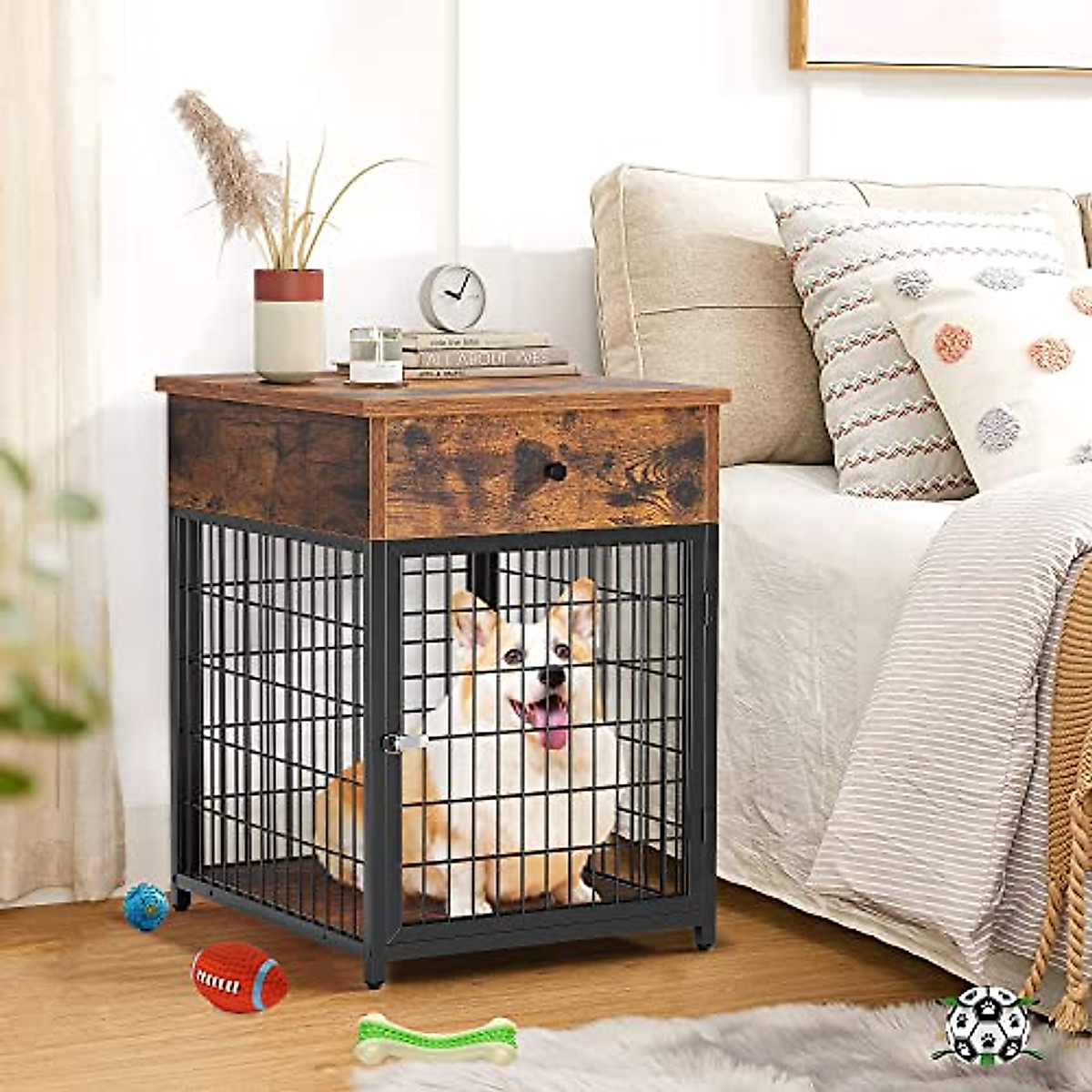 IDEALHOUSE Furniture Dog Crates, 28.9" Wood Dog Kennel with Flip-up Drawer Chew-Proof Home Wooden Dog Crate, Small Pet Dog Indoor Crate Side Table Vintage, 23.4” x 20” x 28.9” with Flip-up Drawer