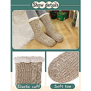 Fuzzy Slipper Socks for Women Fluffy Cozy Cabin Fleece Winter Warm Plush Home Thick Comfy Grips Non Slip Socks Christmas Gift Stocking Stuffer（Knit- Beige）