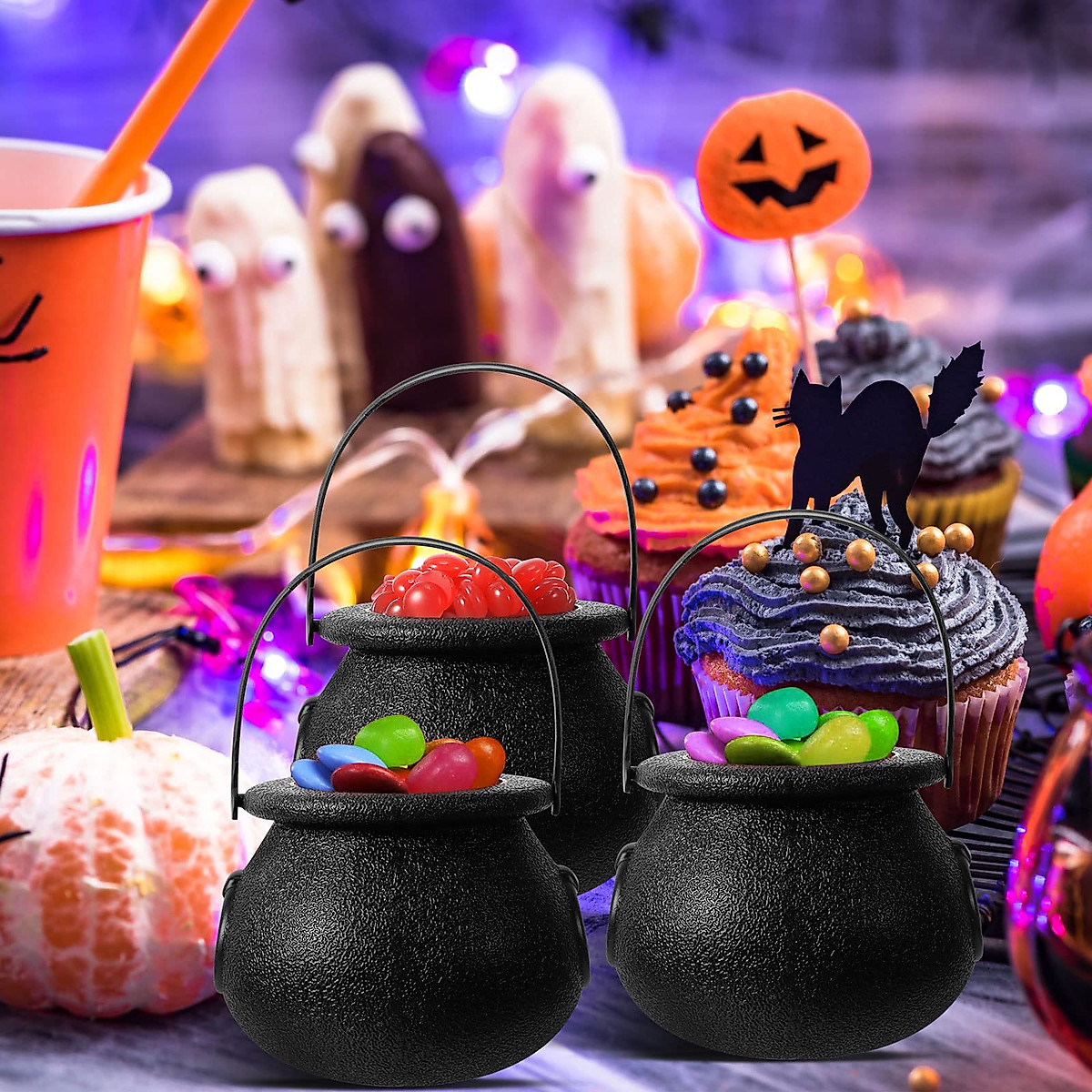 80 Pcs Plastic Cauldron Mini Witches Cauldron with Handle for St Patrick Day, Mardi Gras, Halloween Decorations Cauldron Candy Cauldron Kettles for Party Favors(Black, 80 Pcs)