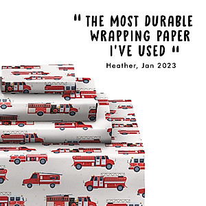 CENTRAL 23 Wrapping Paper For Boys - 6 Sheets Of Fun Birthday Gift Wrap - Fire Engine - Truck - Kids Wrapping Paper - Comes With Cute Stickers - Recyclable Christmas Wrapping Paper - Red White
