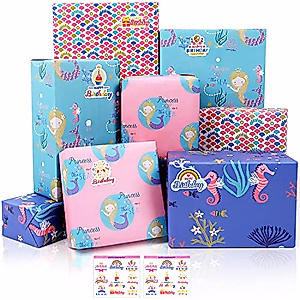 MAMUNU Gift Wrapping Paper Set Girls, 8 Sheets Mermaid Wrapping Paper with Stickers, Colorful Pink Kraft Wrapping Paper for Girls Women Kids Birthday Baby Shower Holiday Party, 20x27 Inch Per Sheet