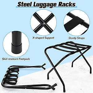 Pelopy 8 Pack Luggage Rack Steel Folding Suitcase Stand Black Luggage Racks with Nylon Straps for Home Hotel Bedroom Closet Guest Room Travel Vacation Motels Supplies