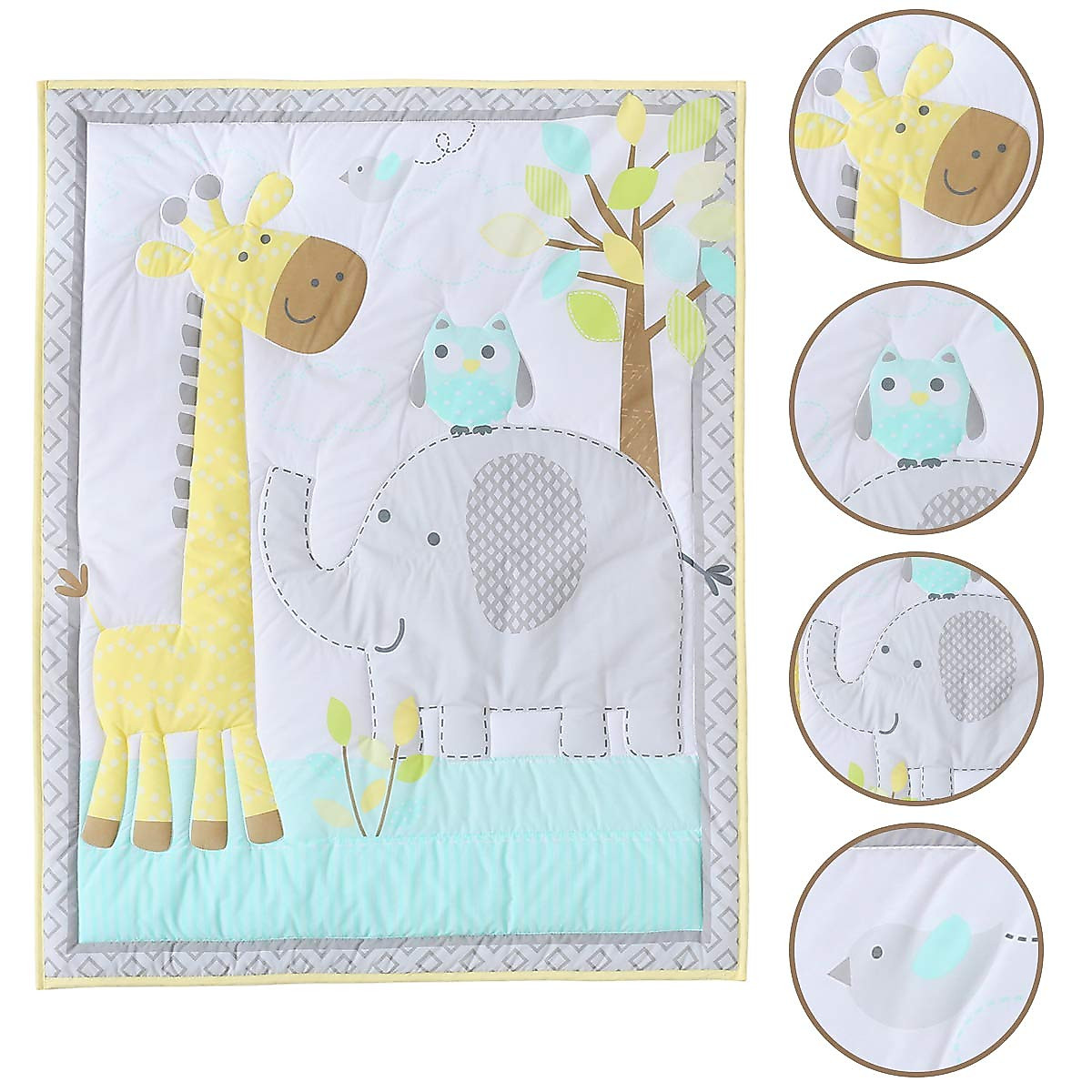 SpringBaby Crib Bedding Set for boy Girl, 3-Piece Cotton Baby Bedding Set, Portable Standard Crib Bedding Set Neutral, Woodland Deer Elephant Crib Bedding Set, Yellow/Grey/Teal