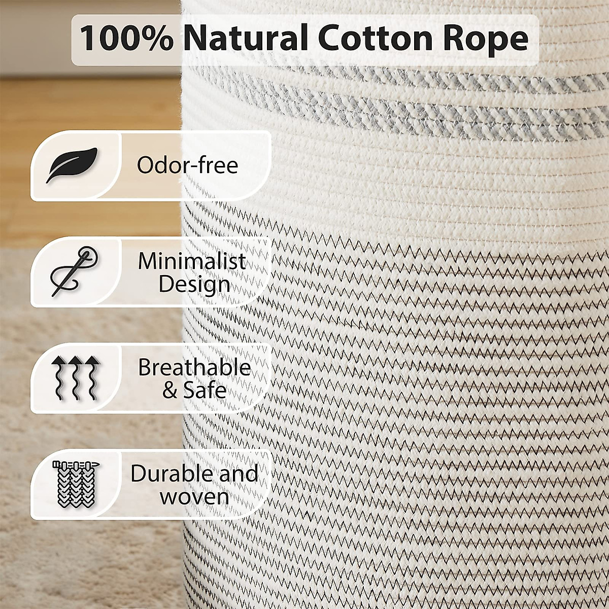 Fiona's magic 58L Woven Rope Laundry Hamper, Tall Boho Laundry Basket Storage, Large Baby Nursery Hamper for Blankets, Toys and Clothes Hamper for Bedroom and Living Room Organizing, Jute, White