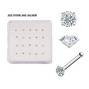 20 PC Box Sterling 925 Silver Prong Set Clear CZ Gem Nose Bone Stud Ring 22G Style 88888-1868