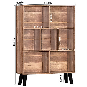 LEYAOYAO 7 Cube Bookshelf 3 Tier Modern Bookcase with Legs,Wood Book Shelves Storage Organizer Shelf,Free Standing Bookcases,Oak Display Bookshelves