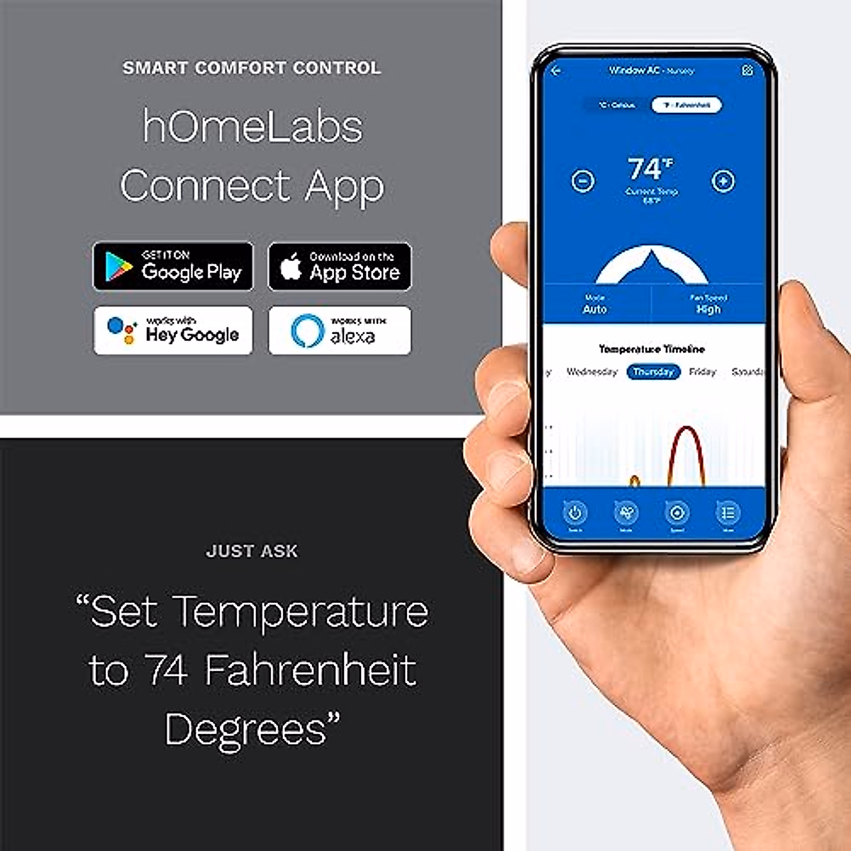 hOmeLabs Window Air Conditioner 10000 BTU - Smart Control, Eco Mode, LED Control Panel - Low Noise, Remote Control - Compatible with Alexa/Google Assistant - White - Ideal For Rooms up to 450 Sq. Ft.