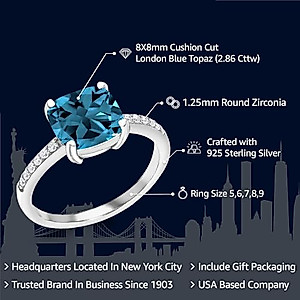Gem Stone King 2.86 Cttw London Blue Topaz Engagement Ring For Women In 925 Sterling Silver | Cushion Cut 8MM | Gemstone Birthstone | Available In Size 5,6,7,8,9