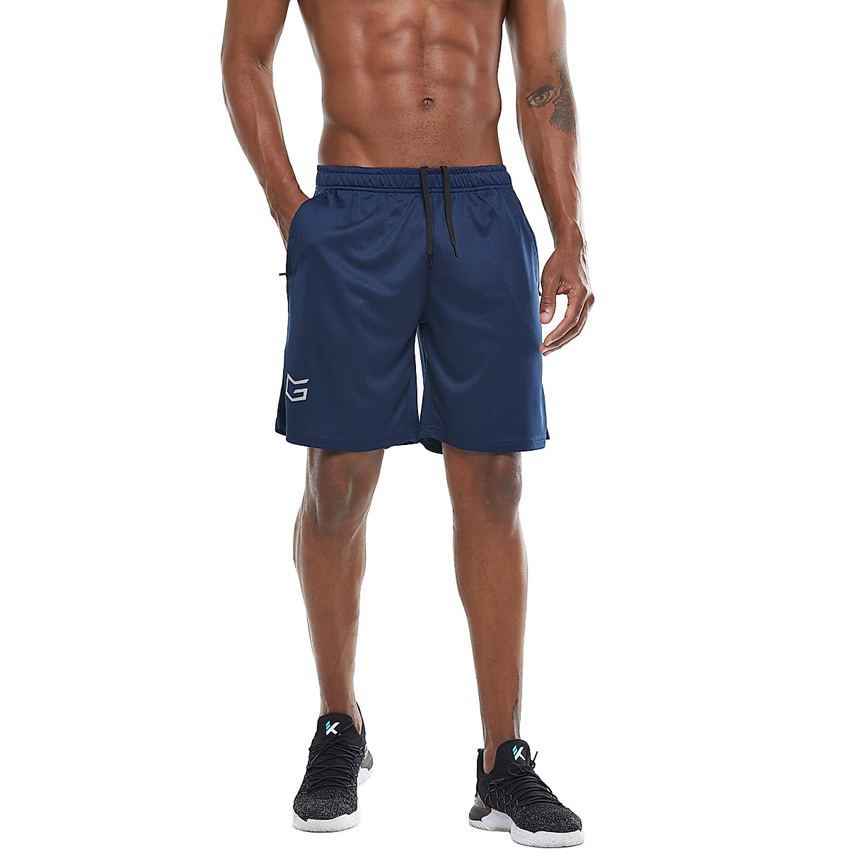 G Gradual Men's 7" Workout Running Shorts Quick Dry Lightweight Gym Shorts with Zip Pockets (2 Pack: Navy Blue/Black Large)