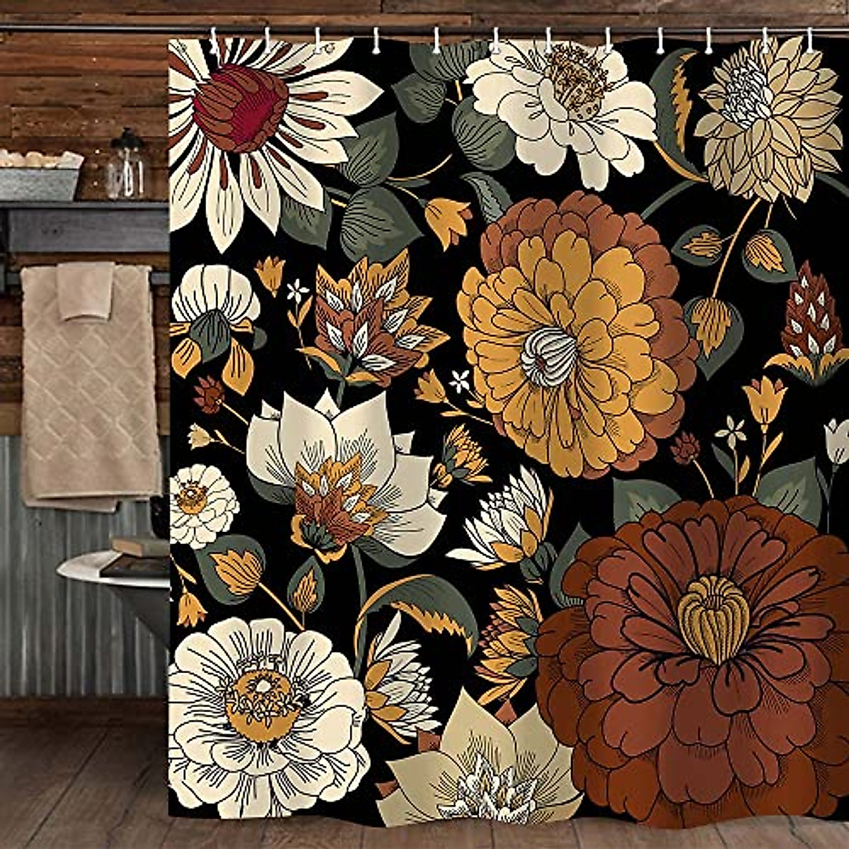 Torich Boho Floral Botanical Shower Curtain, Mid Century Morden Abstract Bohemian Flowers Tropical Leaves Bathroom Curtain, Waterproof Fabric Bathroom Accessories with Hooks 69X72