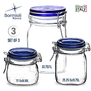 Bormioli Rocco Fido Collection, Variety Pack, Set Of 3 Food Storage Glass Jars 17 Oz. - 25.25 Oz. - 33.75 Oz. Made In Italy.