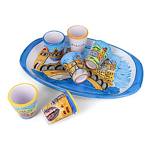 Dolceterra Limoncello Ceramic Glasses and Ceramic Tray 'Memoritaly', Hand-Painted Set of 6 Glasses