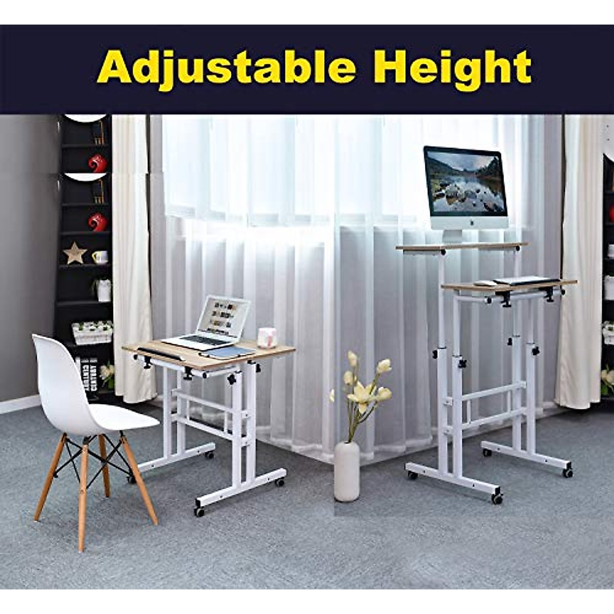 AIZ Mobile Standing Desk, Adjustable Computer Desk Rolling Laptop Cart on Wheels Home Office Computer Workstation, Portable Laptop Stand for Small Spaces Tall Table for Standing or Sitting, Oak