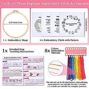 4 Sets Beginners Embroidery Stitch Practice kit, Embroidery Starter kit for Craft Lover with 30 Different Stitches,Embroidery Skill Practice Kit Include 4 Embroidery Cloth with Pattern Embroidery Hoop