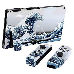 eXtremeRate DIY Replacement Shell Buttons for Nintendo Switch, Soft Touch Back Plate for Switch Console, Custom Housing Case with Full Set Buttons for Joycon Handheld Controller - The Great Wave