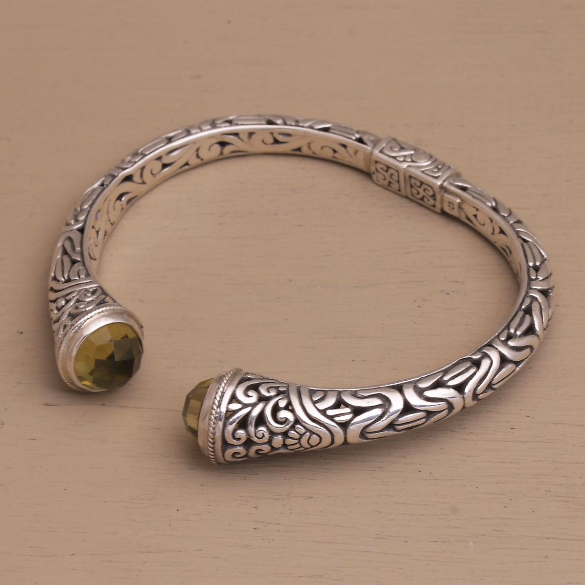 NOVICA Artisan Handmade Prasiolite Cuff Bracelet Balinese Style Hinged 925 Silver Sterling Green Indonesia [6.25 in L (end to End) x 0.5 in W] ' Our Two Souls'