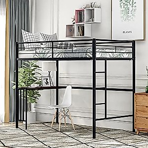 HomJoones Twin Size Loft Bed with Desk,Twin Metal Bunk Bed with Desk, Ladder and Guardrails,Loft Bed for Bedroom,Space-Saving Design,No Box Spring Needed,Twin (Black)