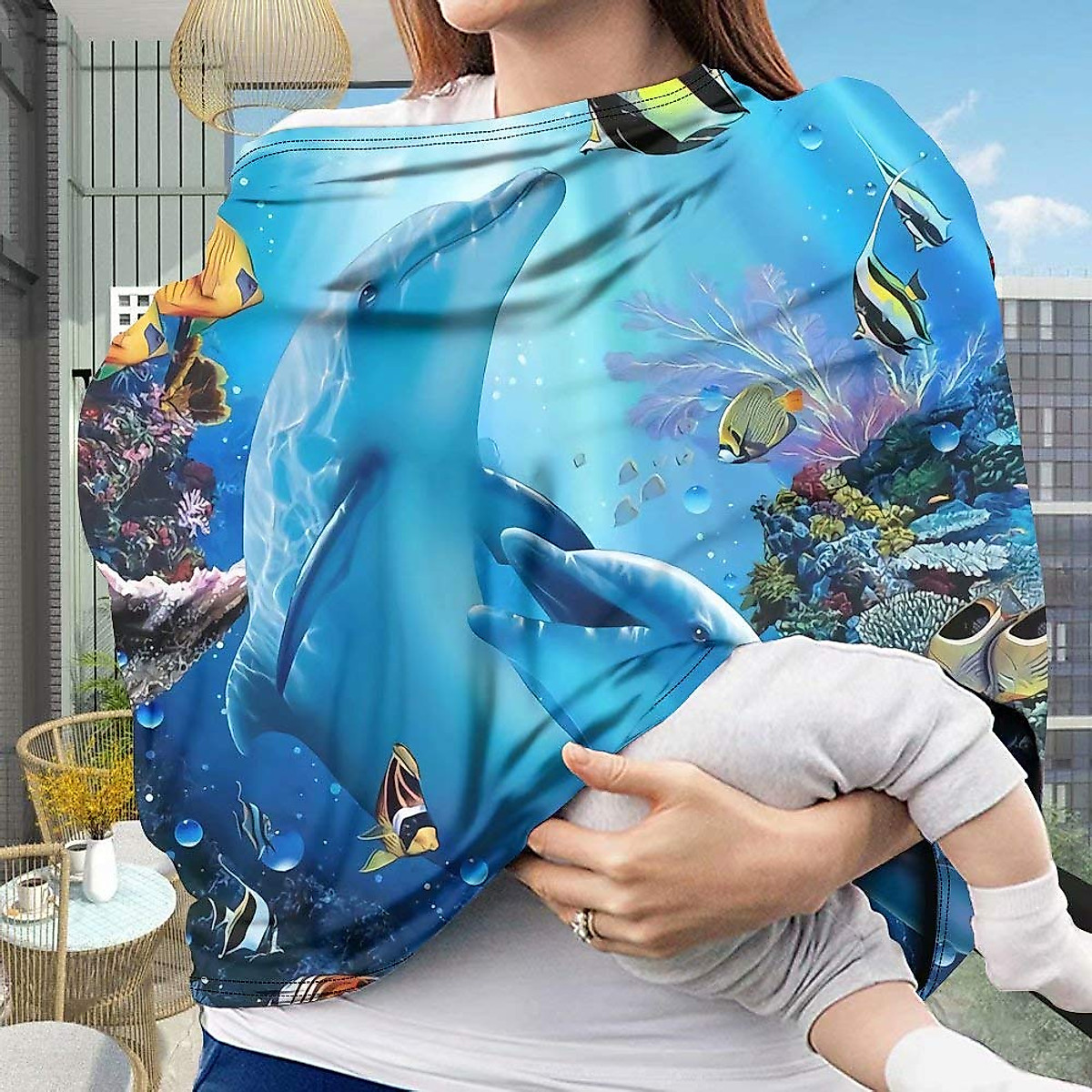 AFPANQZ Dolphins Baby Car Seat Covers for Girls All Weather Multifunctional Infant Car Seat Canopy Nursing Breastfeeding Scarf Shield Soft Breathable Stretchy 360 Coverage for Babies Teal Blue
