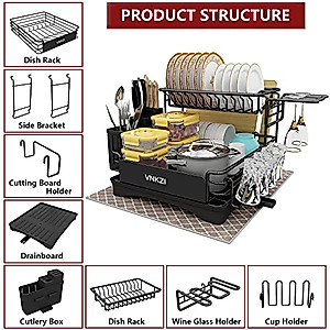 VNKZI Dish Drying Rack, 2 Tier Stainless Steel Multifunctional Large Dish Rack with Drainboard Set, Wine Glass Holder, Utensil Cutting Board Holder, Extra Drying Mat Set, for Kitchen Counter