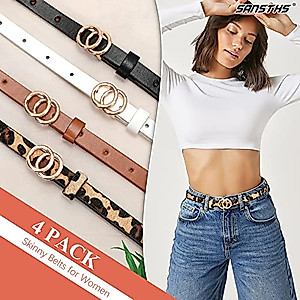 SANSTHS Skinny Belts for Women, 4 Set Thin Faux Leather Belts with Gold Double O Buckle for Jeans Pant Dress Summe£¨S,Leopard £©