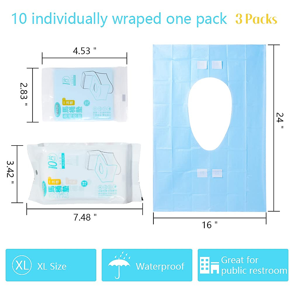 Disposable Toilet Seat Covers Extra Large,30 Count Travel Set Waterproof Individually Wrapped Portable Non Slip PE Toilet Seat Covers for Adults Kids Toddlers Potty Training(16"x 24")