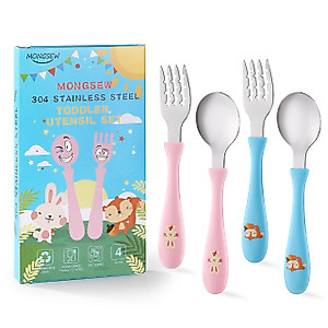4PCS Toddler Utensils, MONGSEW Toddler Forks and Spoons Set, Premium Food-Grade Stainless Steel Kids Silverware Set with Stylish Squirrel and Rabbit Pattern Handle, Dishwasher Safe