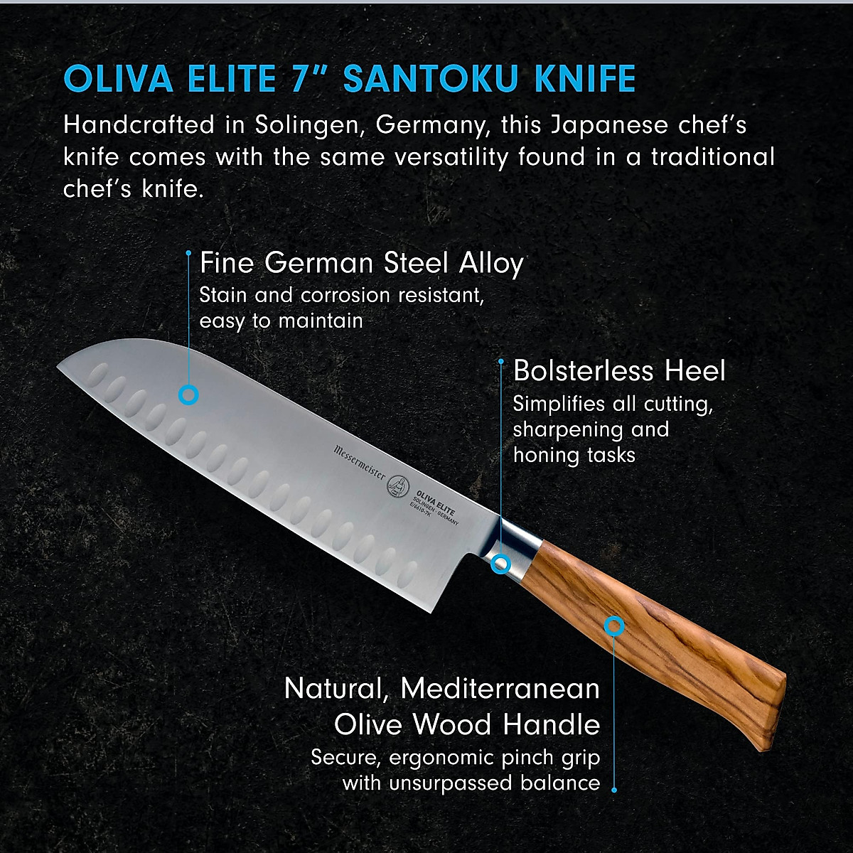 Messermeister Oliva Elite 7” Kullenschliff Santoku Knife - Japanese Chef’s Knife - German Steel Alloy Blade & Mediterranean Wood Handle - Rust Resistant & Easy to Maintain