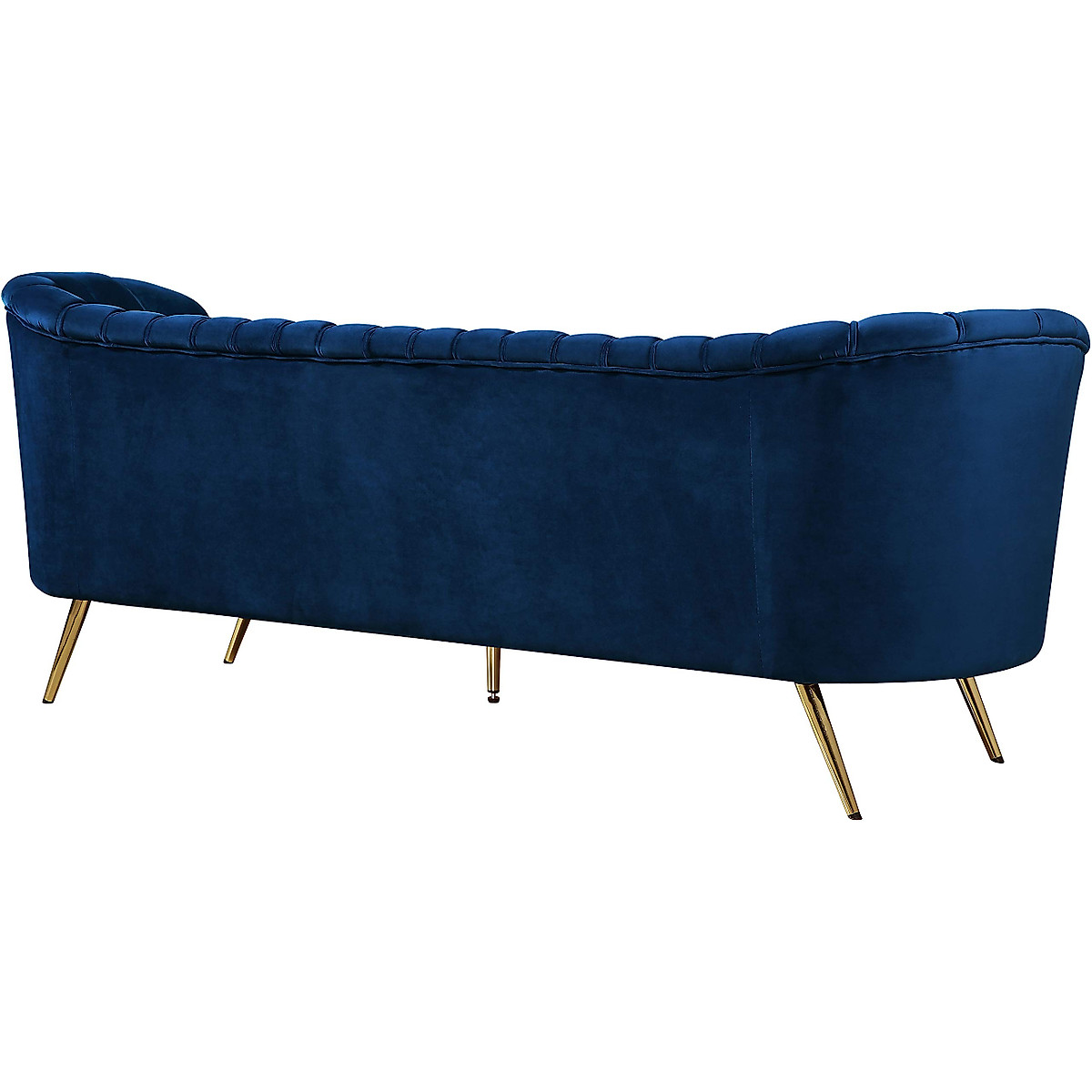 Meridian Furniture Margo Collection Modern | Contemporary Velvet Upholstered Sofa with Deep Channel Tufting and Rich Gold Stainless Steel Legs, Navy, 88" W x 30" D x 33" H