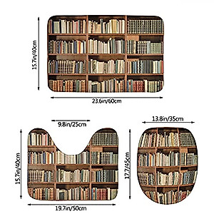 WONDERTIFY Library Bathroom Antiskid Pad Old Book Collection Brown Shelf 3 Pieces Bathroom Rugs Set, Bath Mat+Contour+Toilet Lid Cover Multicolor