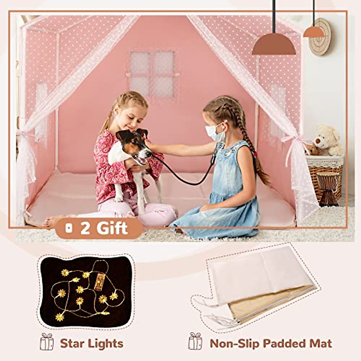 Kids Play Tent Indoor Outdoor, Large Play House Tents for Toddlers 3-12 Years Old, Girls Boys Play Tents with Non-Slip Mat and Star Lights, Pink 51" x 35.5" x 52"