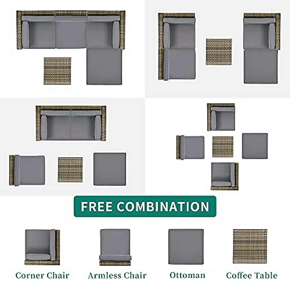 YITAHOME 5 Piece Outdoor Patio Furniture Sets, All-Weather Wicker Sectional Sofa Patio Conversation Set with Ottoman, Coffee Table and Cushions, Gray Gradient
