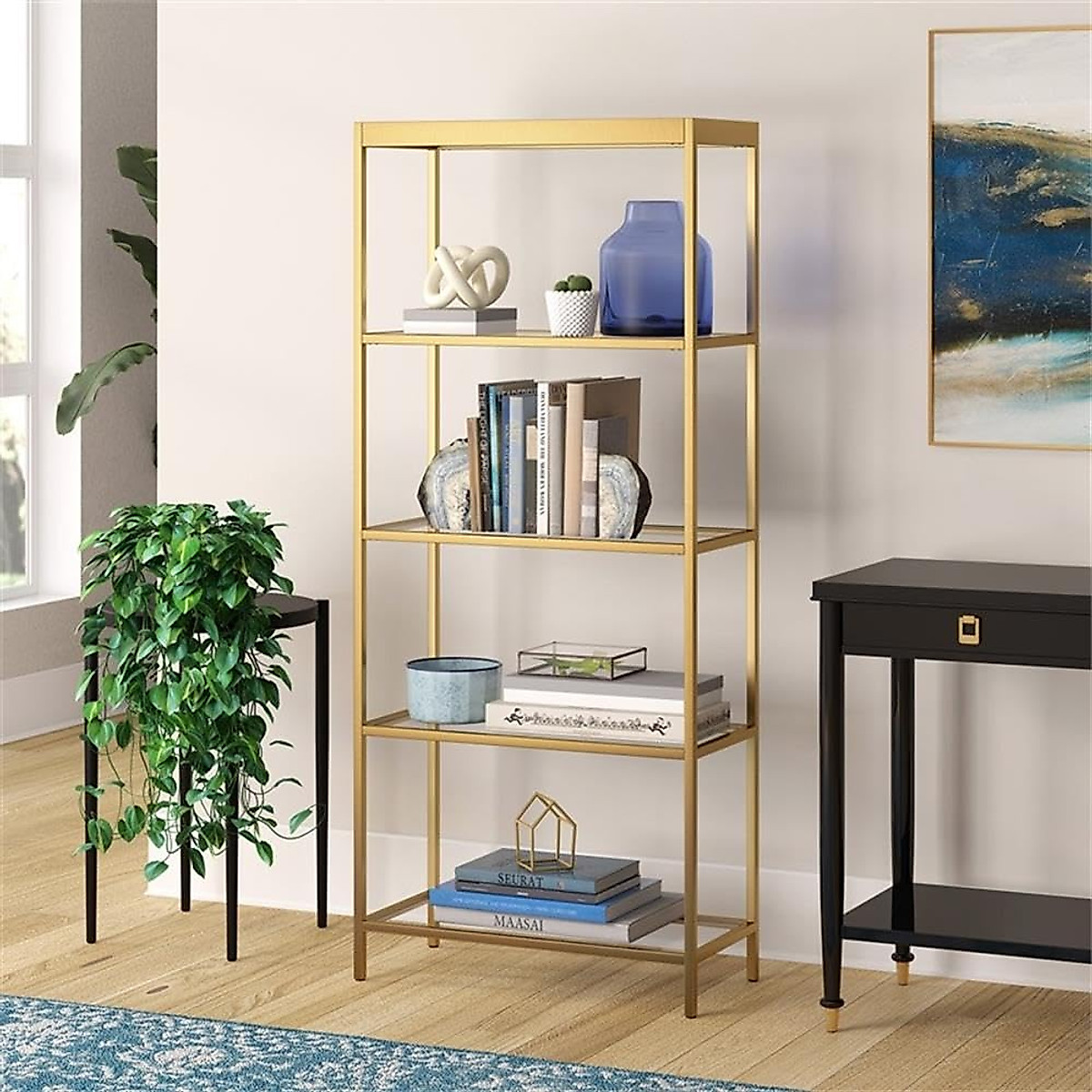 Henn&Hart 30" Wide Rectangular Bookcase in Brass, for Home Office, Living Room