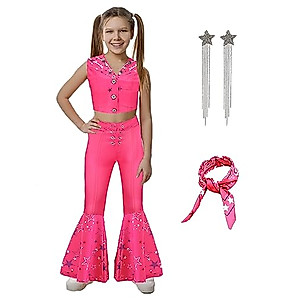 Hitormoon Pink Cowgirl Costume for Girls,70s 80s Hippie Disco Outfits for Kids, Halloween Cosplay Costume with Accessories Scarf Earrings HN009M