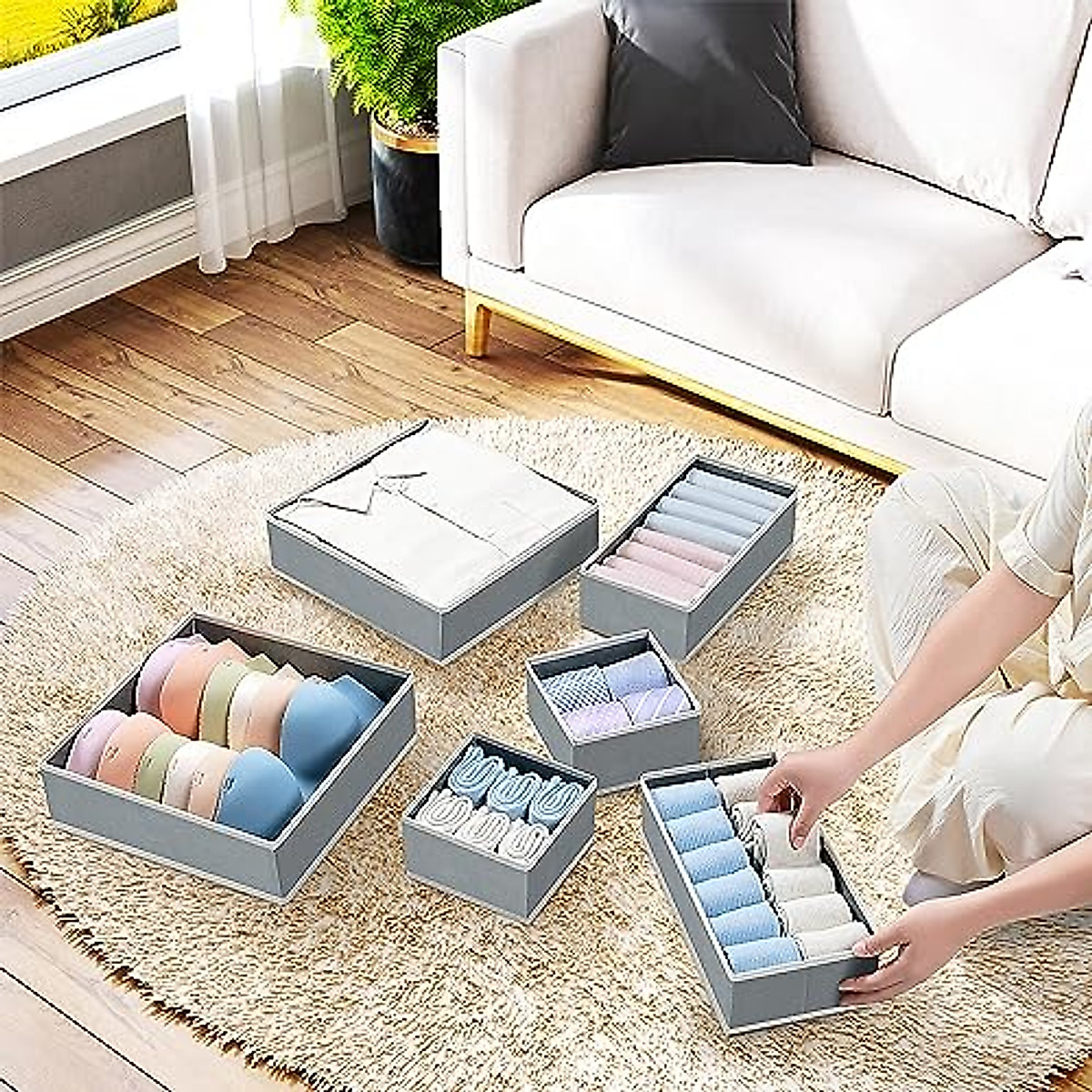 homsorout Sock Underwear Organizers, 6 Packs Drawer Organizers for Clothing, Foldable Dresser Drawer Organizer, Closet Organizers and Storage Bins for Socks, Bras, Underwear (Grey)