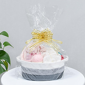 ABenkle Small Basket, 12"x 8" x 5" Cute Small Woven Basket, Rope Room Shelf Storage Basket, Cat Dog Toys Basket Chest Box, Decorative Empty Gift Basket with Handles - White & Grey & Dark Grey