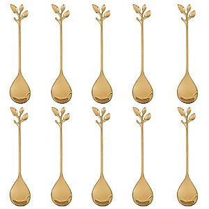 Stainless Steel Gold Leaf Coffee Spoon-AnSaw 10 Pcs Creative Tableware Dessert Spoons, Stirring, Mixing, Sugar, Stir, Ice Cream, Cake, Teaspoon Set (Gold-10Spoon)