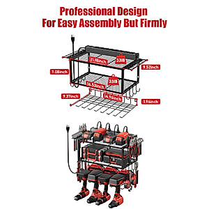JUNNUJ Tool Organizer with Charging Station, 3 Layers Wall Mount Garage Tools Storage with 8 Outlets Power Strip, 4 Drills Holder Battery Heavy Duty Metal Shelf, Utility Rack with Hooks, Black