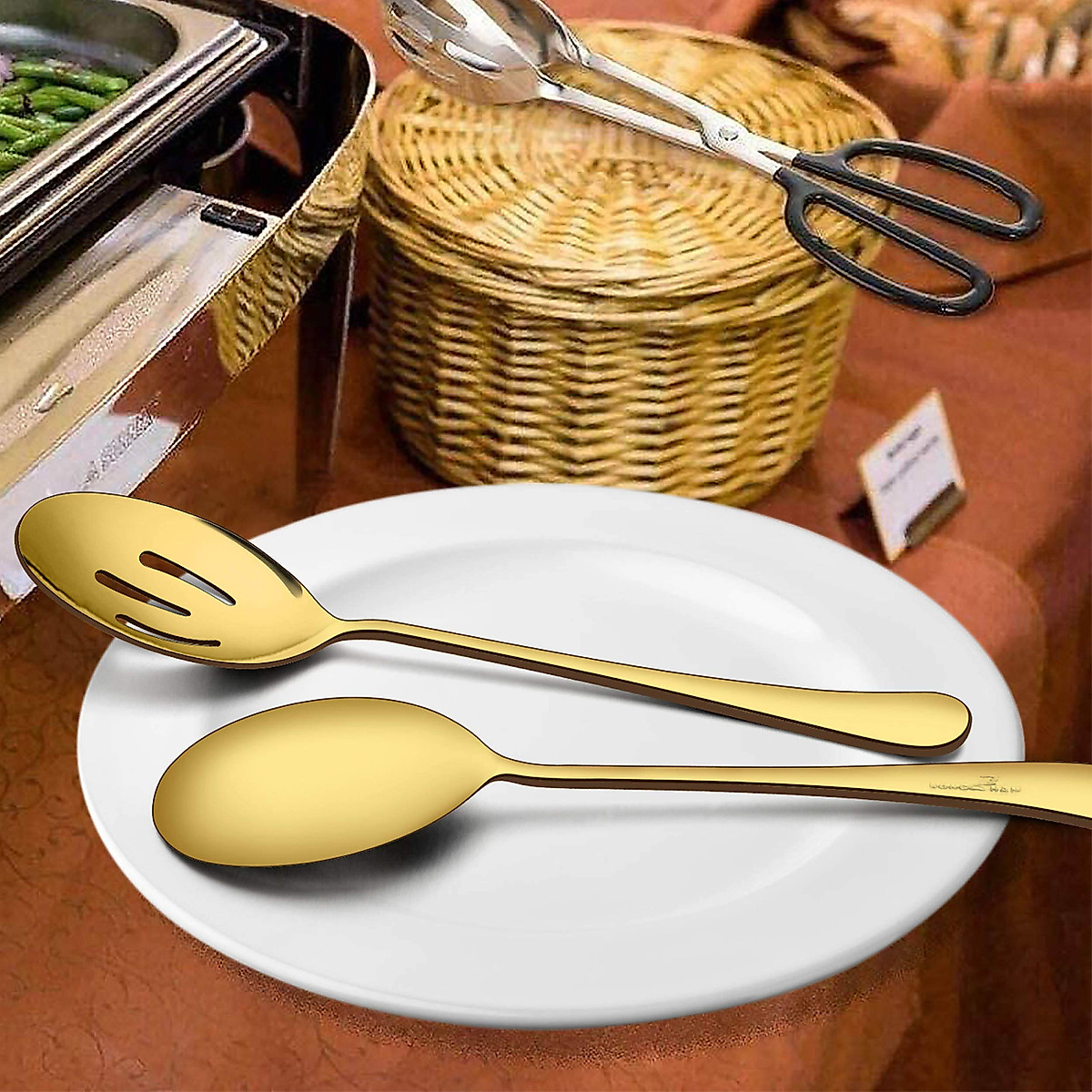 Homikit Stainless Steel 4 Gold Serving Spoons, 4 Gold Slotted Serving Spoons, Metal Buffet Dinner Party Banquet Restaurant Catering Serving Utensils, Mirror Polished, Dishwasher Safe