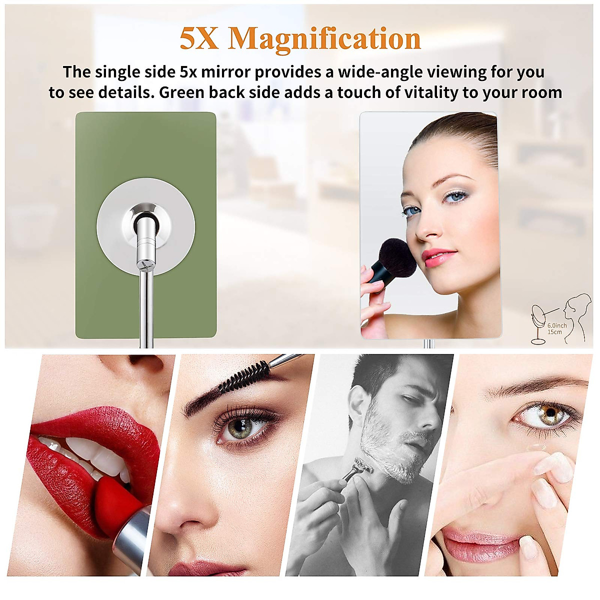 GURUN Frameless Rectangle Tabletop Vanity Mirror Single Side Adjustable Easy Positioning 5X Magnification 304 Stainless Steel Chrome Finish 2234（Chrome,5X